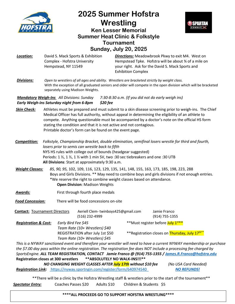 2025 Summer Hofstra Wrestling Ken Lesser Memorial Summer Heat Clinic ...