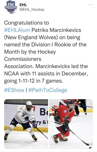 Wolves Alumni Patriks Marcinkevics chosen at NCAA D1 Rookie of the Month