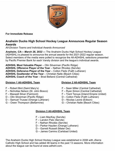 ADHSHL Announces All-ADHSHL Selections and Regular Season Awards