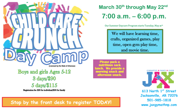 Childcare Crunch DayCamp is OPEN!!!