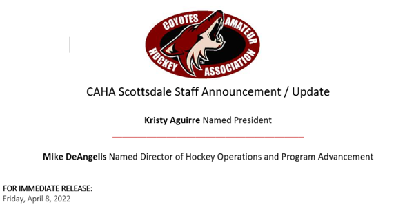 CAHA Scottsdale Staff Announcement / Update