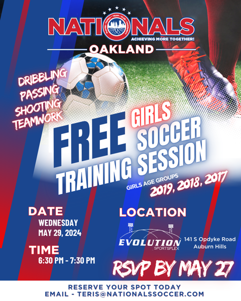 Free GIRLS Soccer Training Session: 2019, 2018, & 2017 age groups!