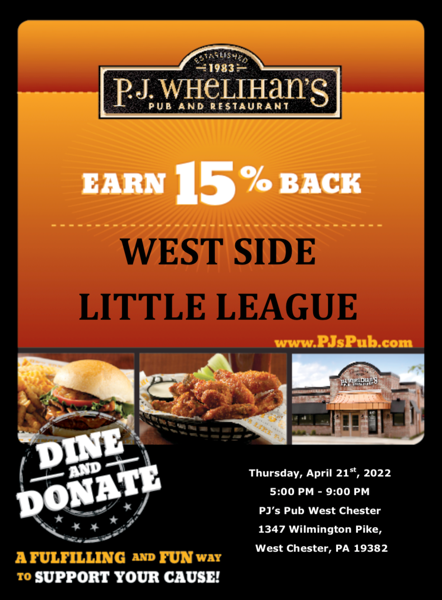 WSLL Dine and Donate Fundraiser - 4/21 @ PJ Whelihan's West Chester