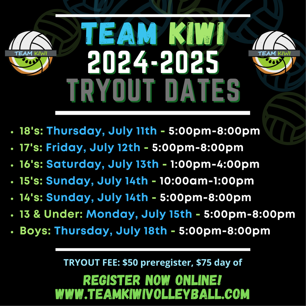 Welcome | TEAM Kiwi 24-25 Season Club Tryouts | Team Kiwi Volleyball Club