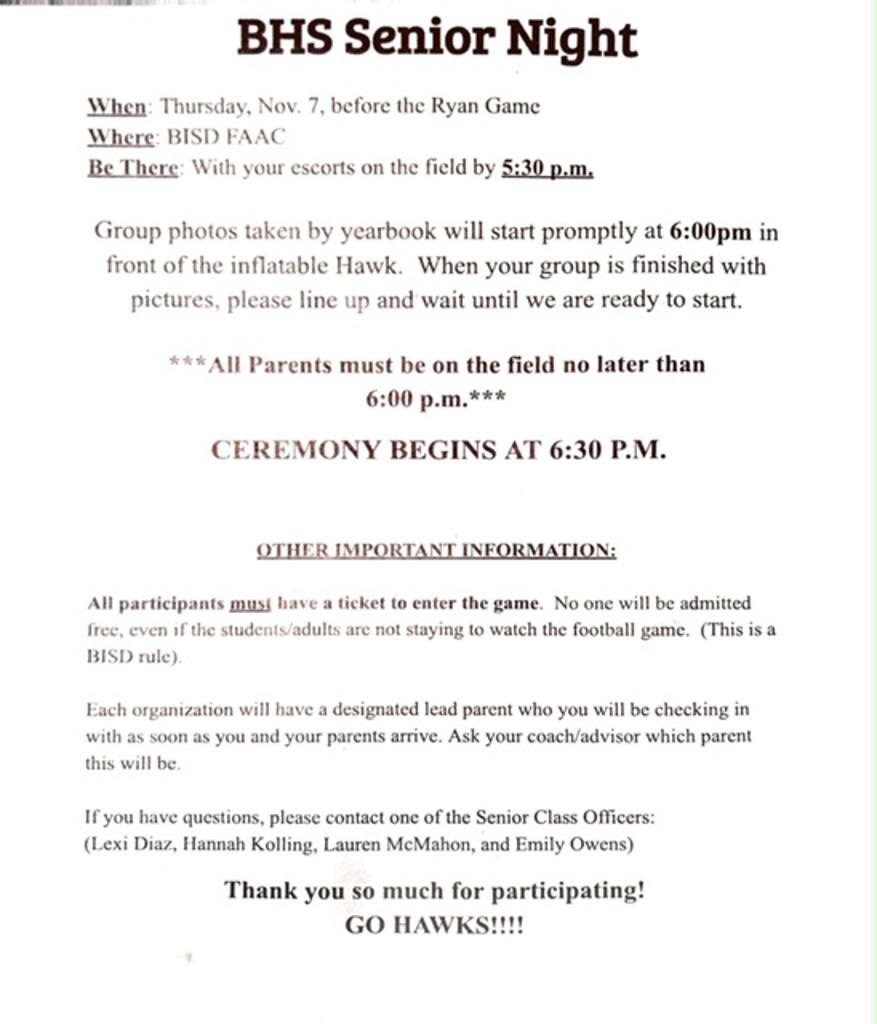 Senior Night Parent Information