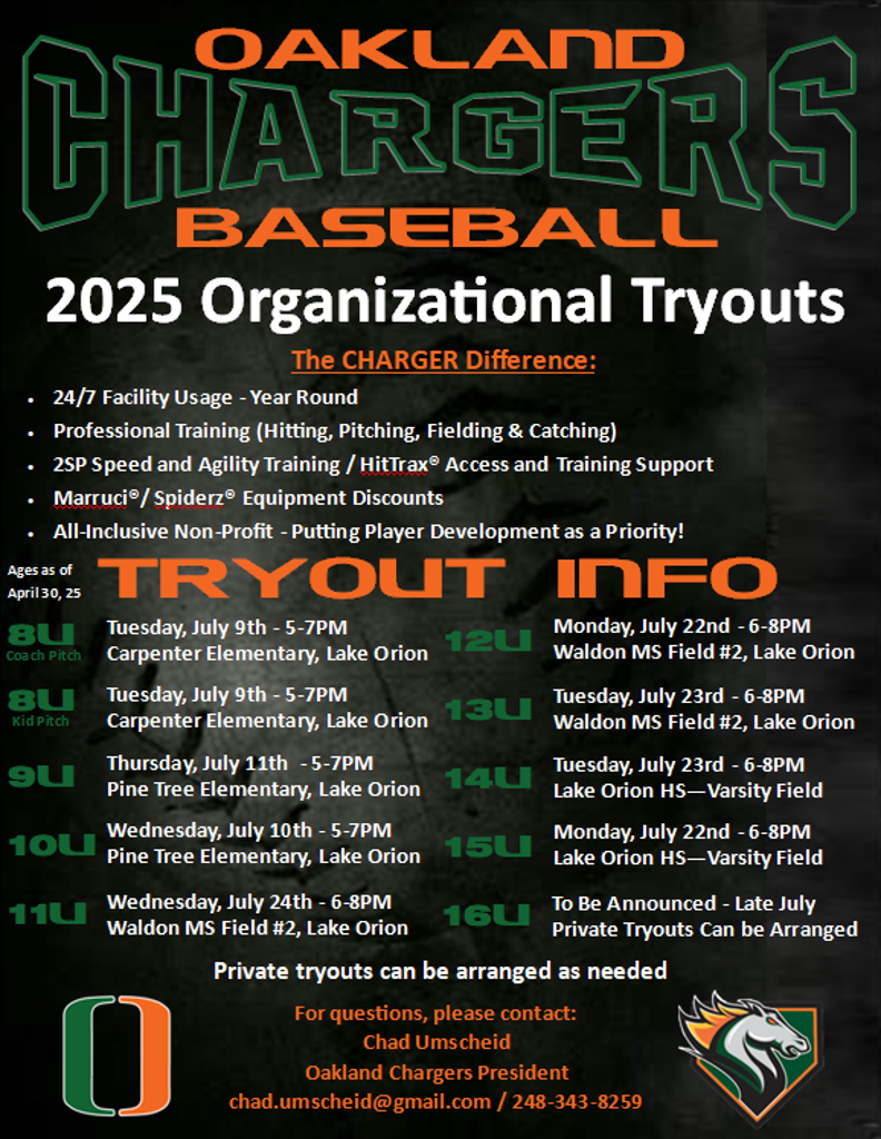 Welcome | 2025 Season Tryouts | Oakland Chargers Baseball