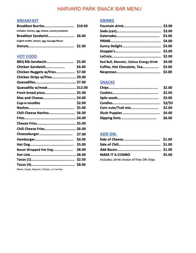 Harvard Snack Bar Menu
