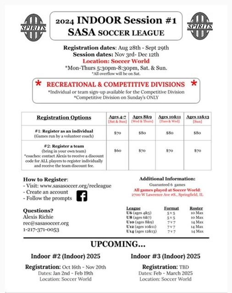 Welcome | SASA Rec Indoor 1 | Springfield Area Soccer Association