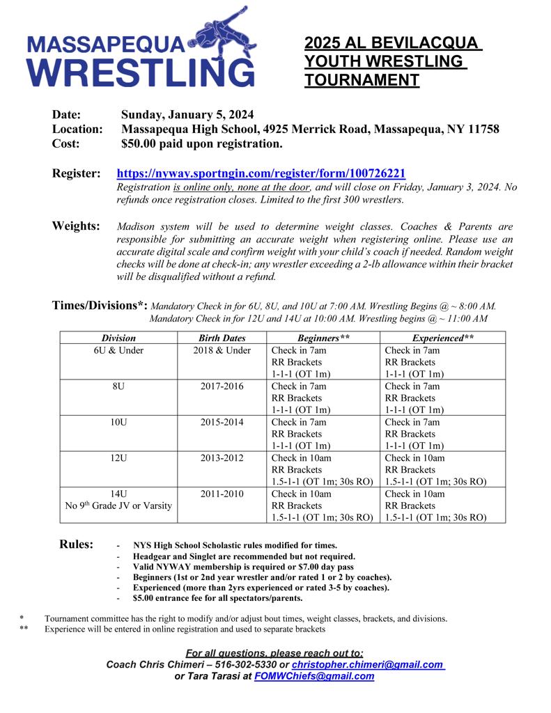 2025 Massapequa presents the Al Bevilacqua Youth Wrestling Tournament