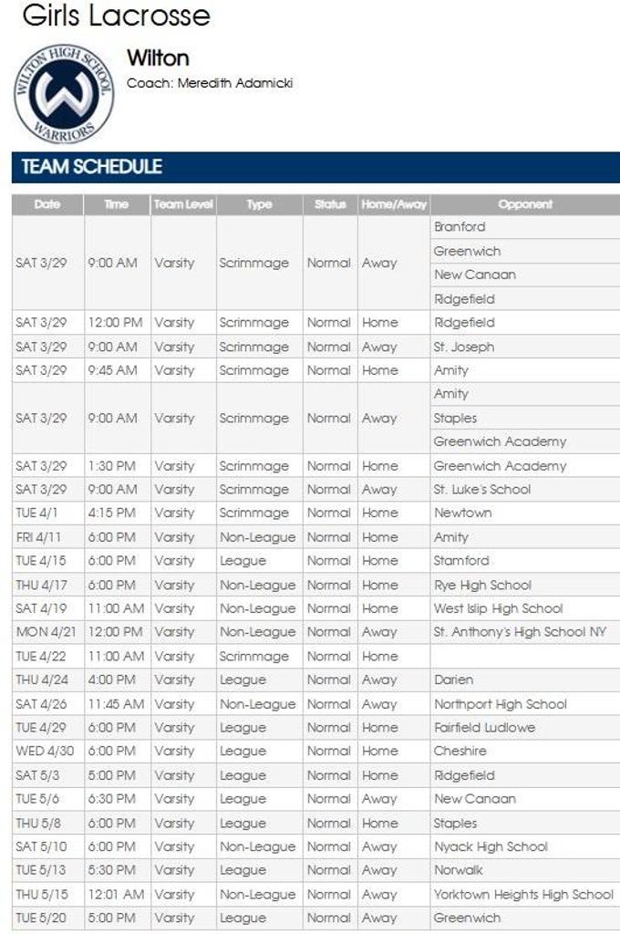 2025 Varsity Schedule