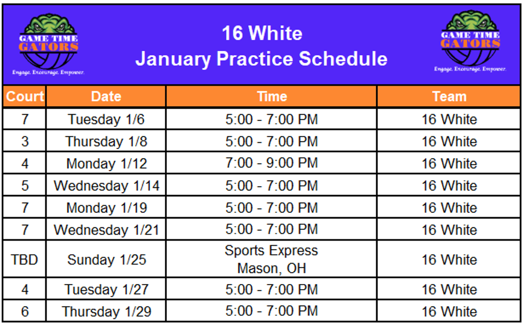 JANUARY PRACTICE SCHEDULE