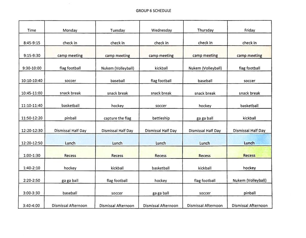 Sample Camp Schedule