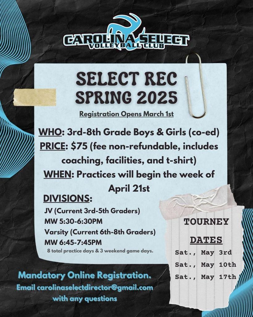 Welcome | 2025 Spring Select Rec - JV | Carolina Select Volleyball Club