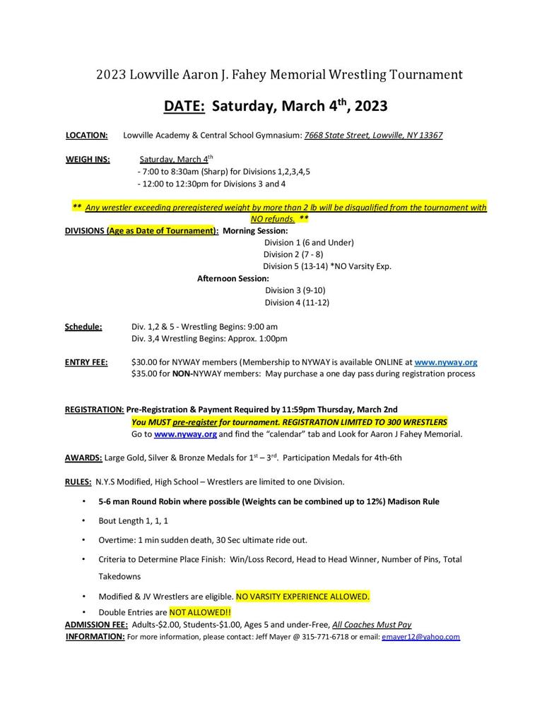 2023 Lowville Aaron J. Fahey Memorial Wrestling Tournament