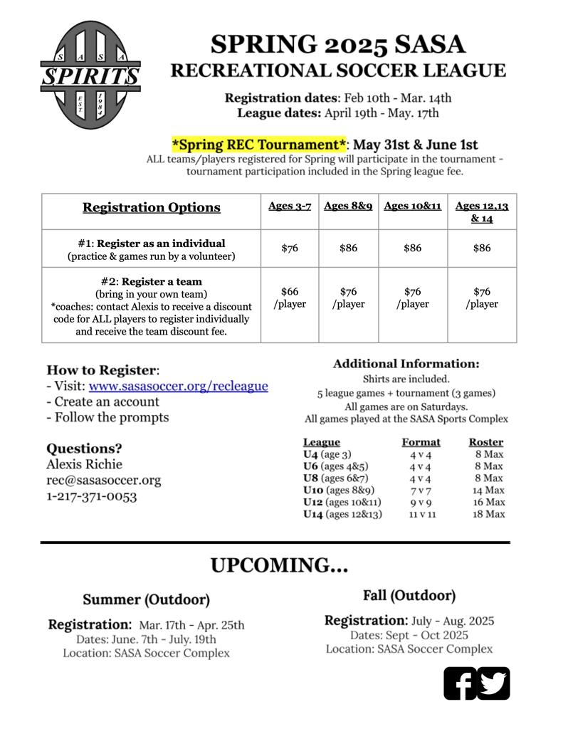 Welcome | SASA SPRING 2025 Rec League | Springfield Area Soccer Association