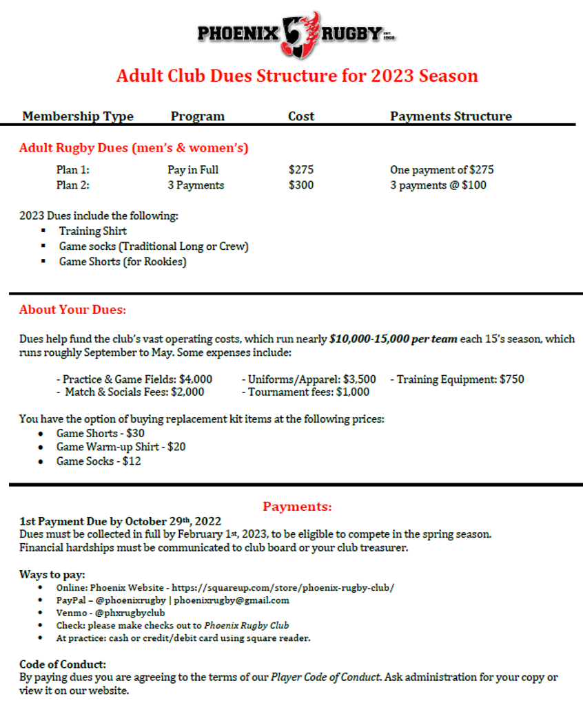 Adult Dues Structure