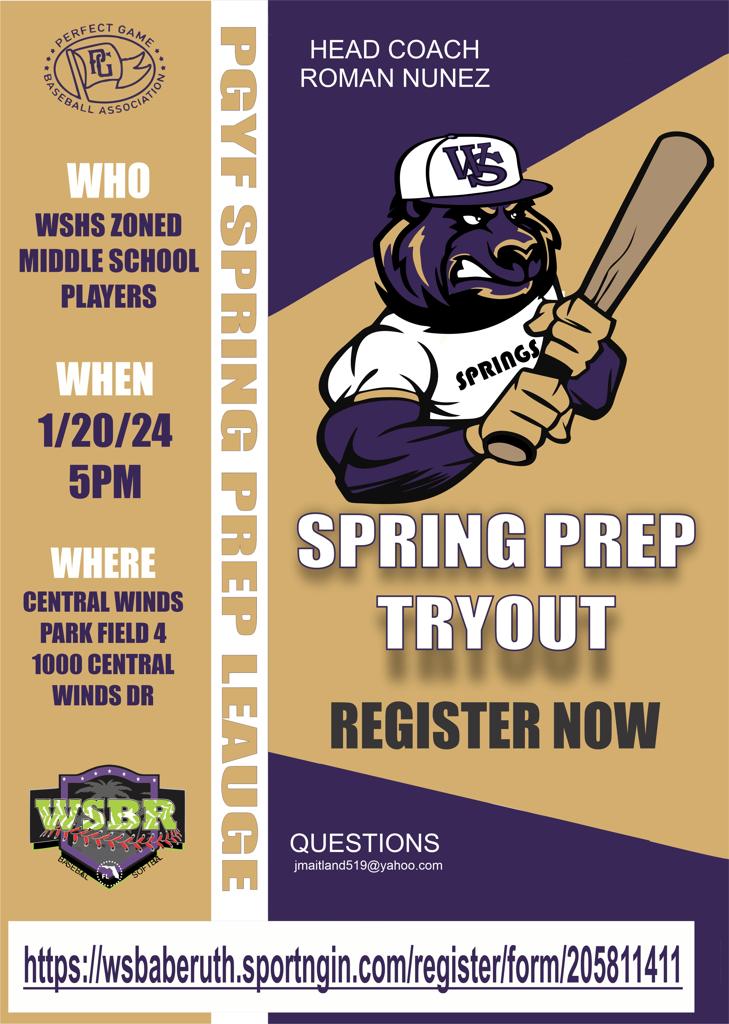 Welcome | WSHS PREP TEAM TRYOUT SPRING 2024 | Winter Springs Babe Ruth