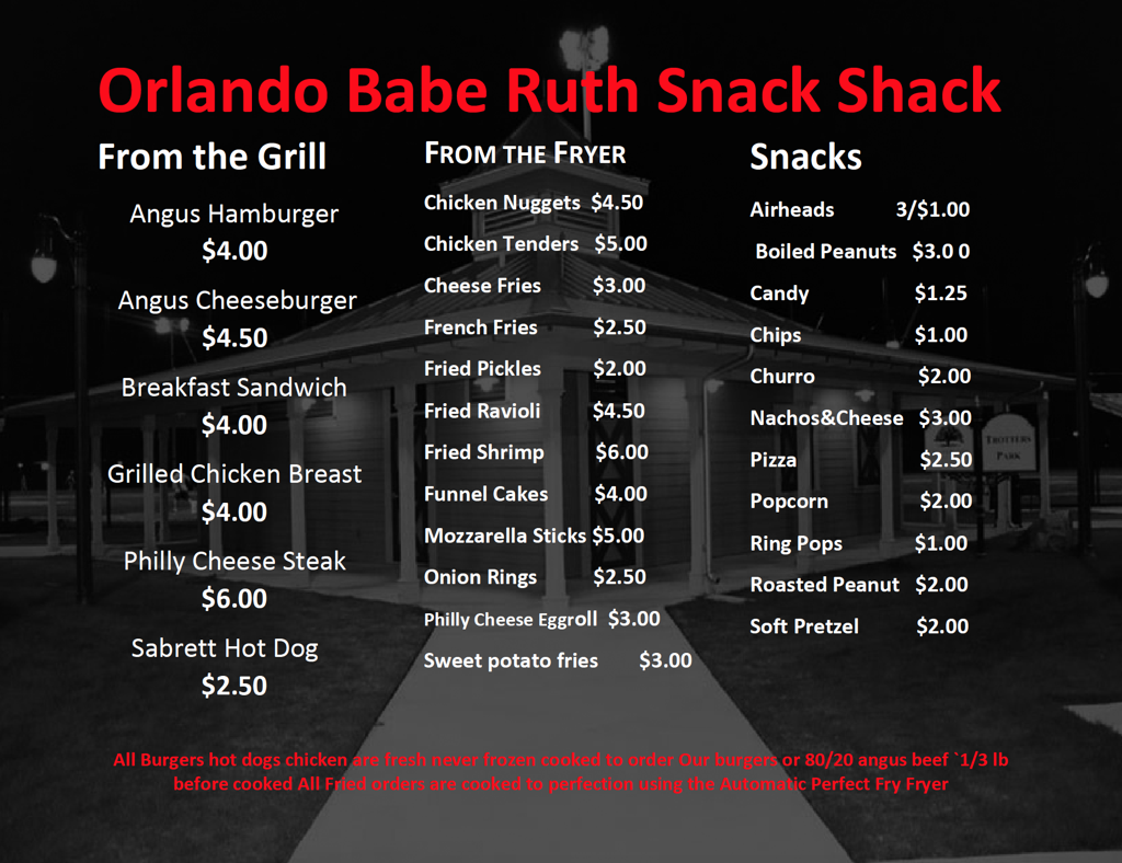 Snack Shack Menu