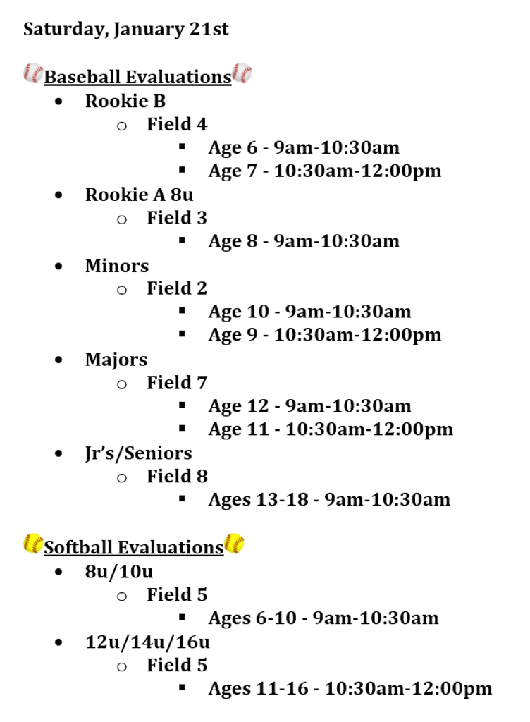 Baseball & Softball Evaluations – Saturday, 1/21/23