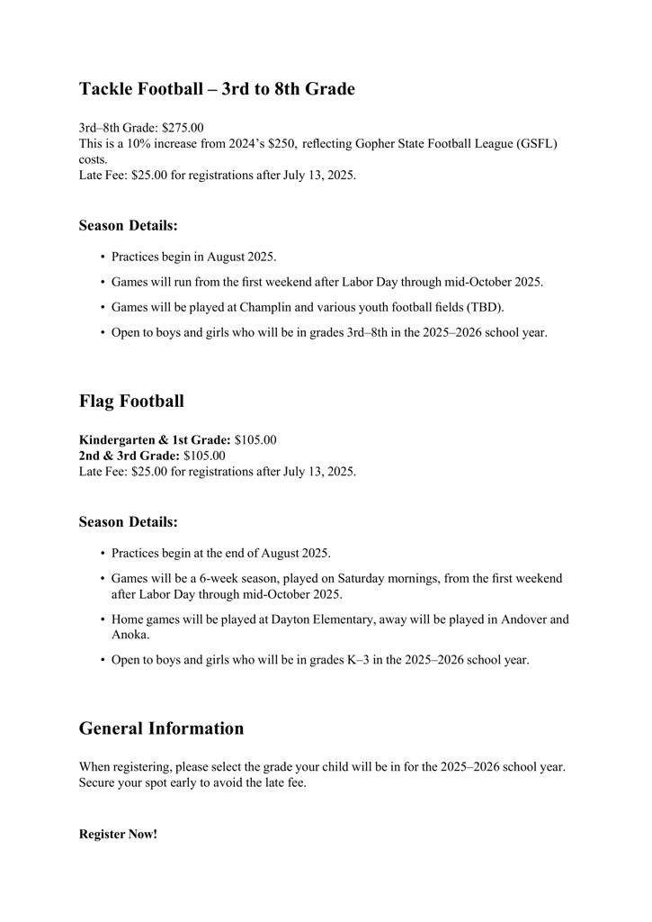 Welcome | 2025 Football Registration | Champlin Dayton Athletic Association